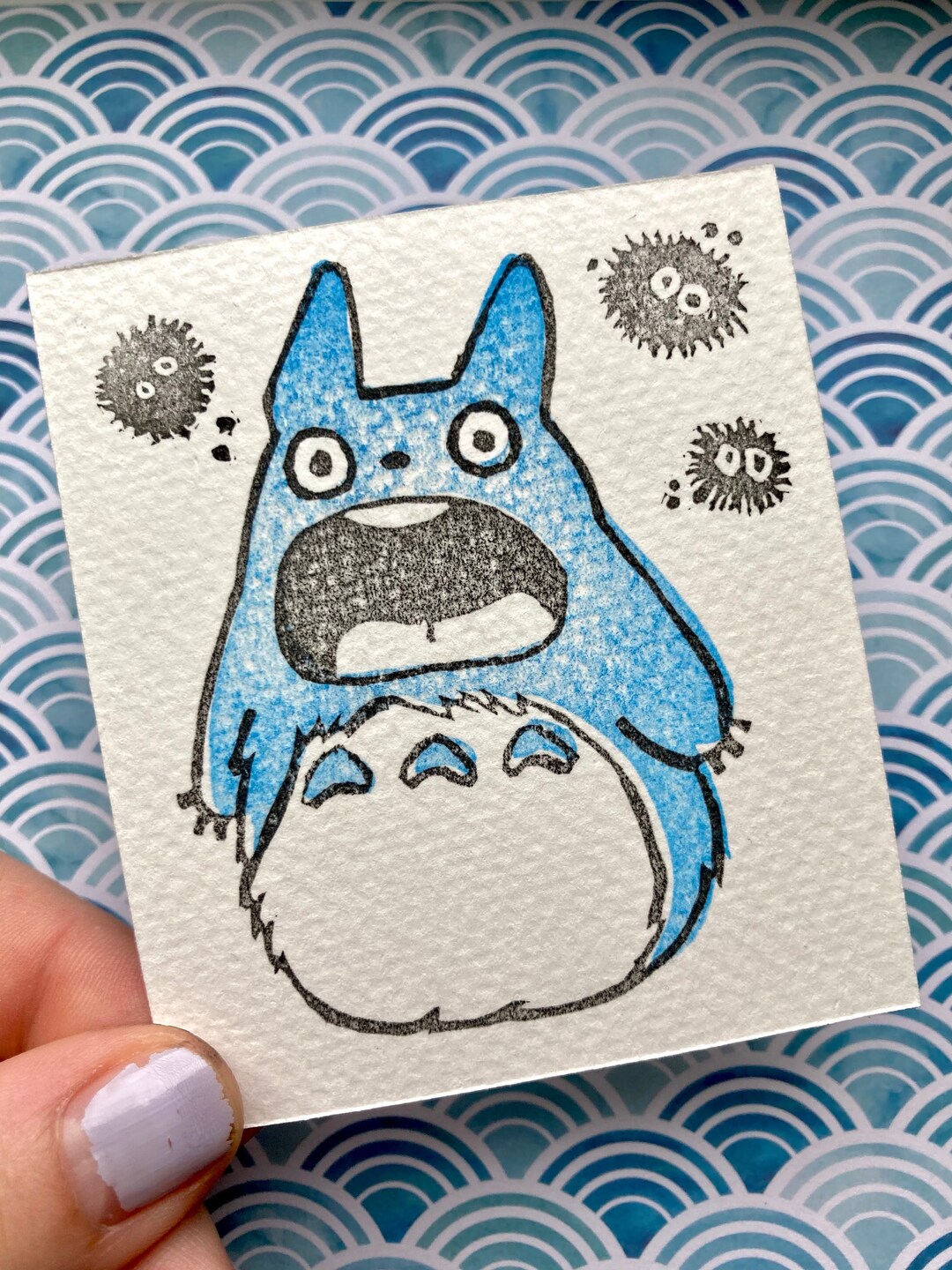 Linocut Totoro, Studio Ghibli Print, Lino Art, Original Linocut, Blue ...
