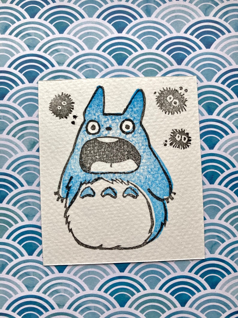 Linocut Totoro, Studio Ghibli Print, Lino Art, Original Linocut, Blue ...