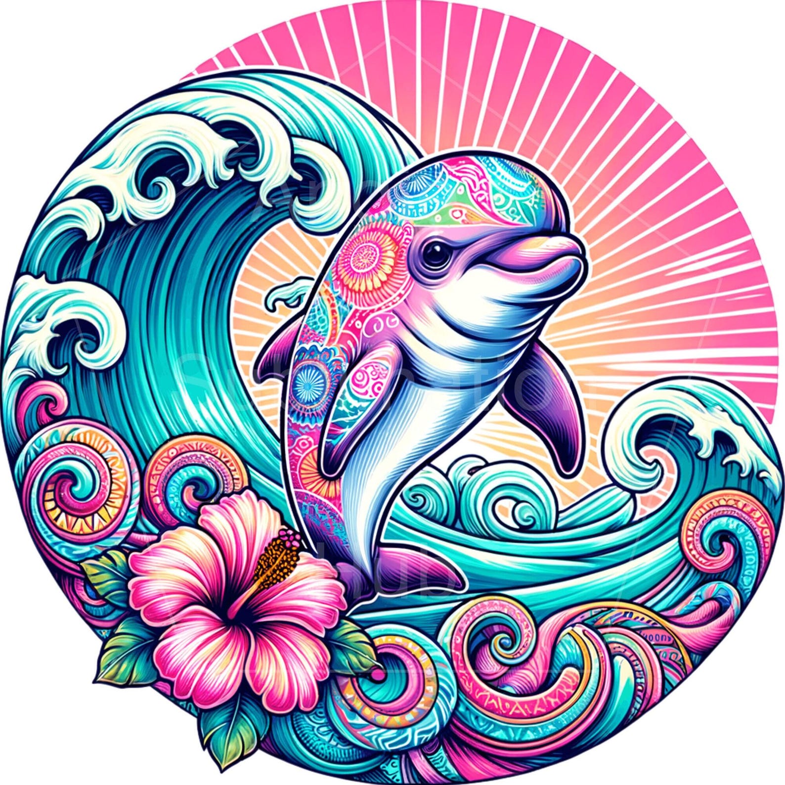 Cute Dolphin PNG, Hibiscus Floral Ocean Beach Waves Sublimation Design ...