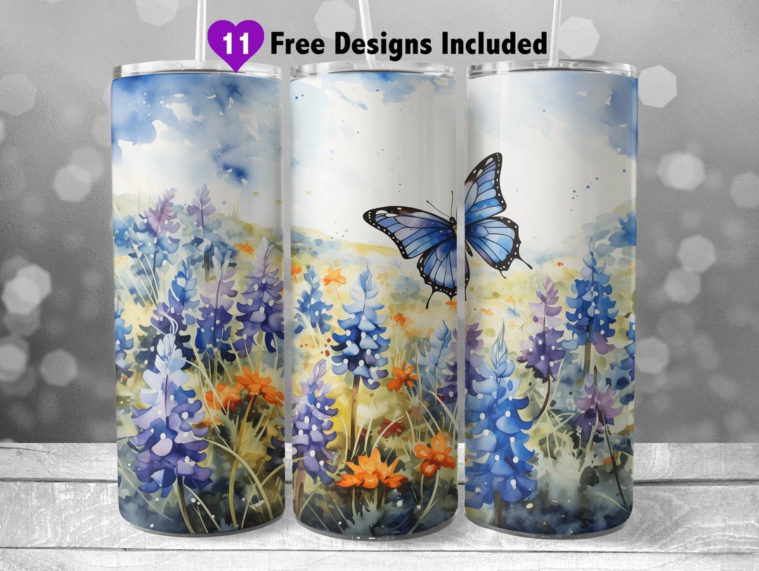 Watercolor Texas Hill Country Bluebonnets 20 Oz Skinny Tumbler Wrap ...