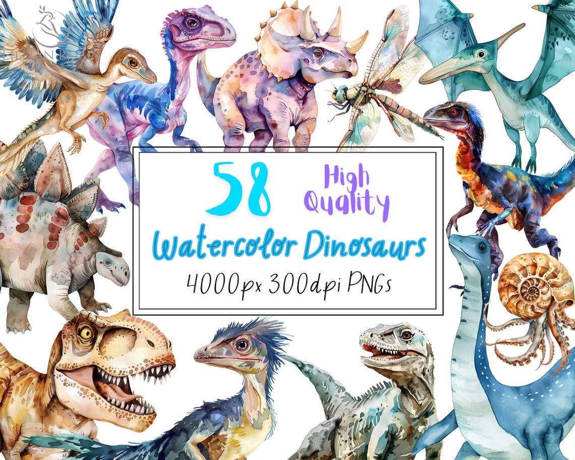 Dinosaur Watercolor Clip Art Bundle Kids PNG Digital Download Print-on ...