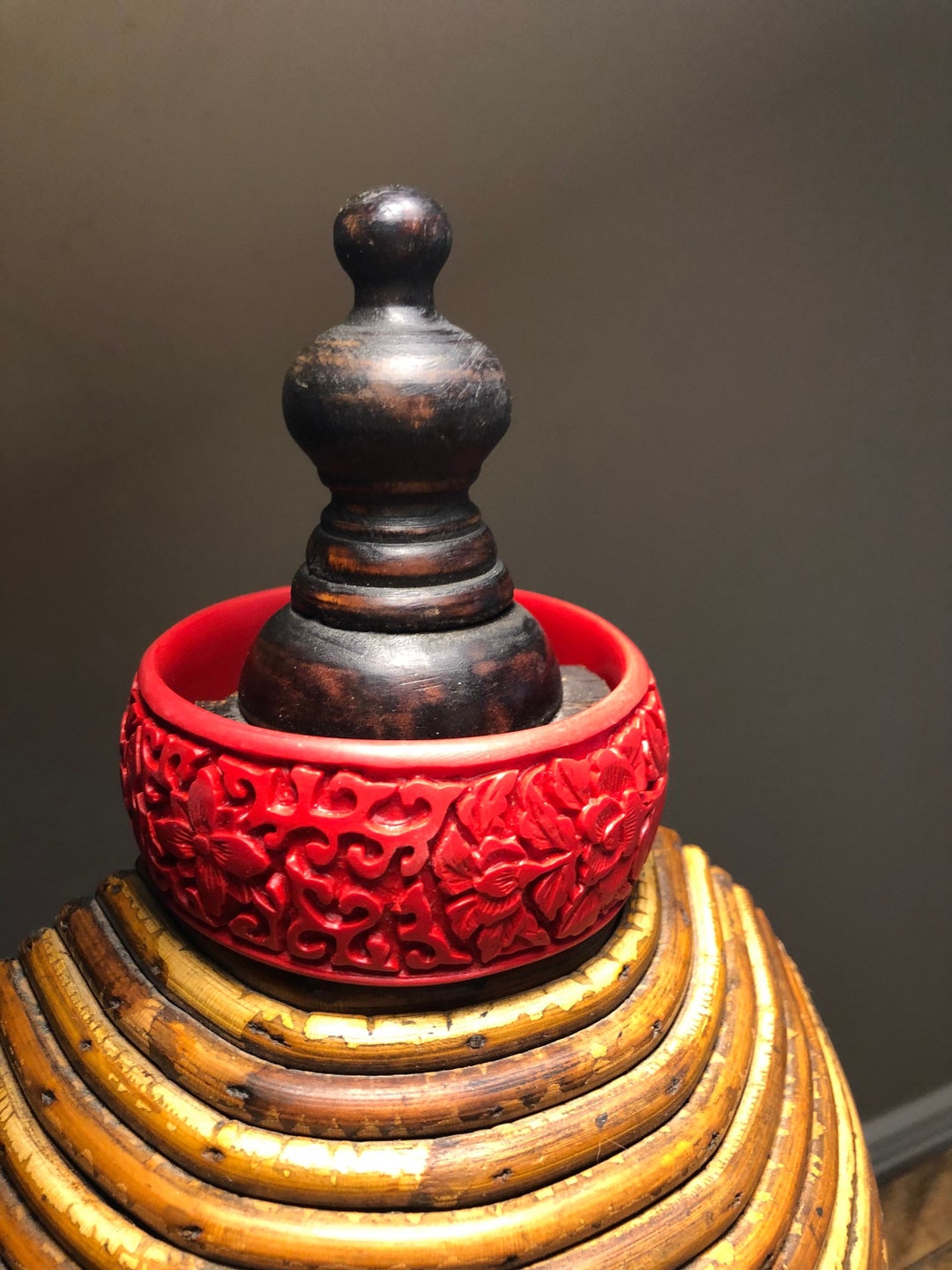 Vintage Cinnabar Chinese Carved Bangle Bracelet It is a Statement Piece ...