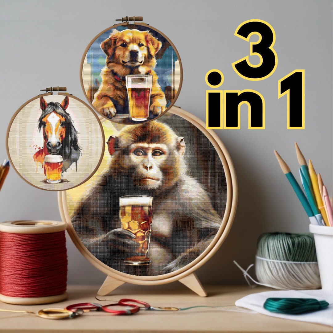 Beer-drinking Animals Cross Stitch Pattern 150x150 Stitches Dog, Horse ...