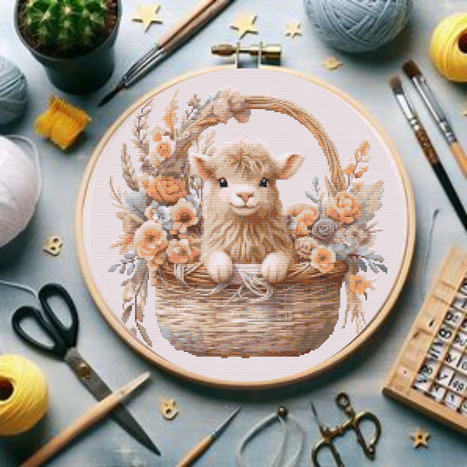 Adorable Lamb and Blossom Basket Cross Stitch Pattern Quick Craft ...