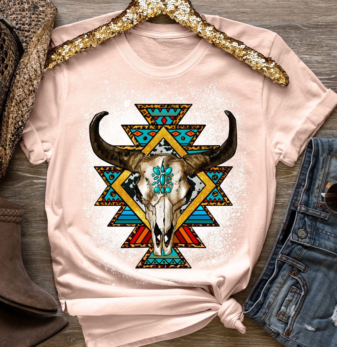 Cow Skull Shirt, Western Aztec Bull Skull Shirt, Boho Cow Skull ...