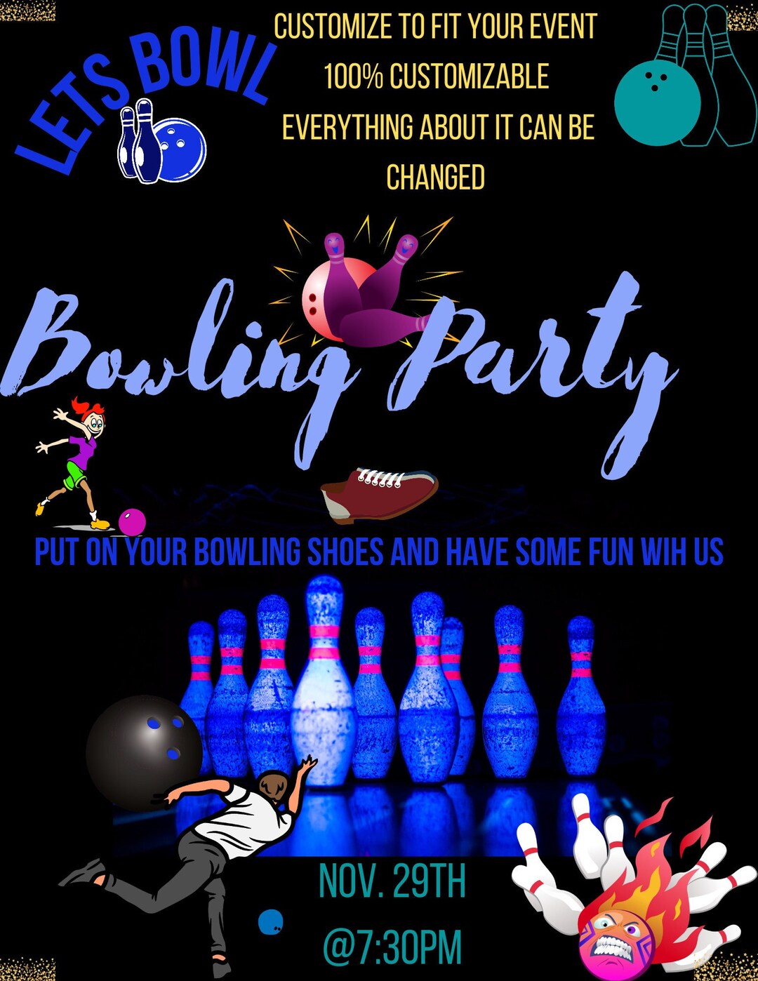 Bowling Flyer/ Invitation/ Social Media Post. Can Be Edit in 1000's of ...
