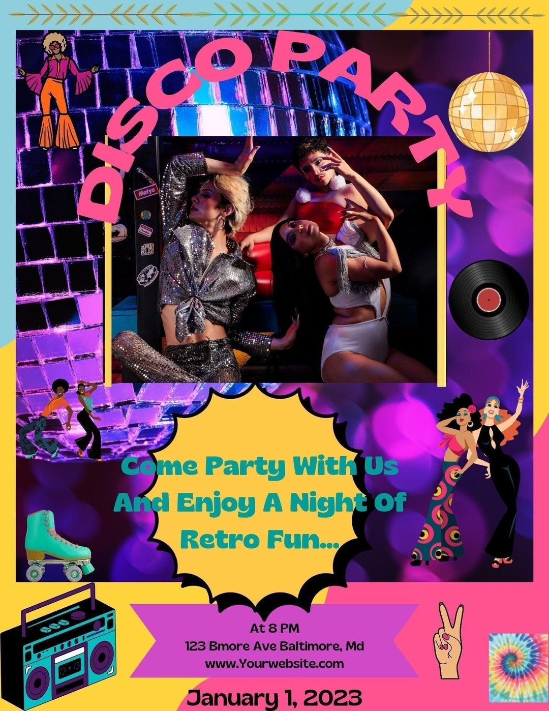 Editable Disco / Retro Birthday Flyer / Invitation Template, Fully ...