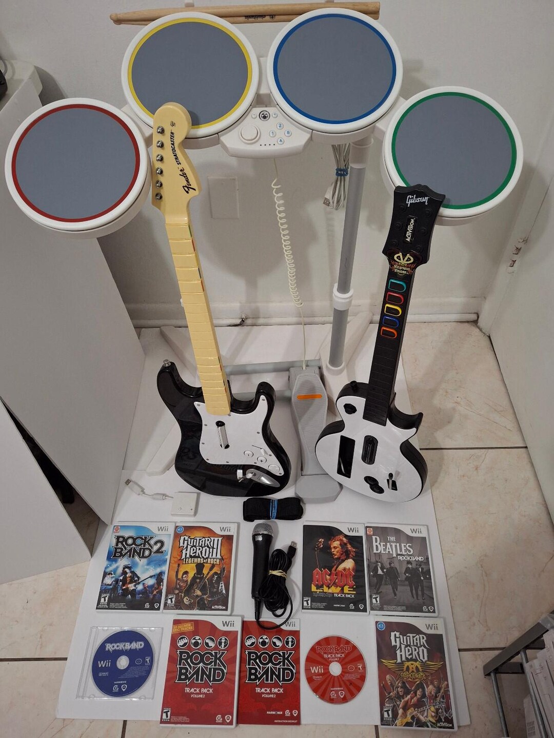 Nintendo Wii Rock Guitar Hero Bundle: Drumset, 2 Guitars, Mic, Dongle 7 ...