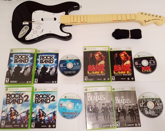 Rock Band 1, 2 Beatles, AC DC Rockband Xbox 360 Bundle Fender Stratocaster Guitar Controller ...