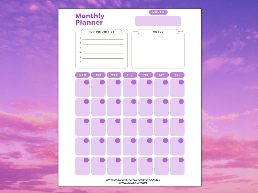 Monthly Planner | Printable | Purple | 8.5 X 11" | Instant PDF Download ...
