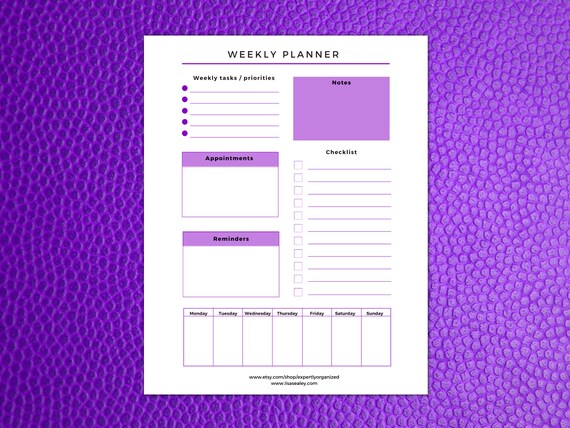 Weekly Planner Printable Purple 8.5 X 11 Instant - Etsy
