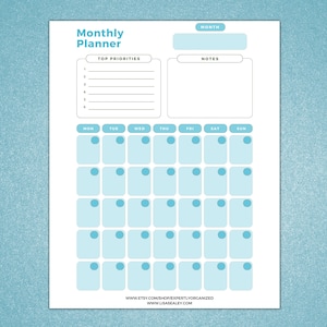 Monthly Planner | Printable | Blue | 8.5 X 11" | Instant PDF Download ...