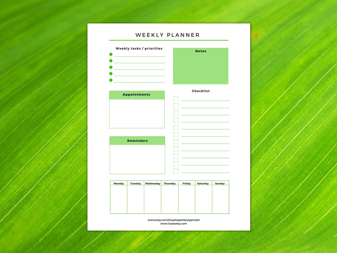 Weekly Planner | Printable | Green | 8.5 X 11" | Instant PDF Download ...