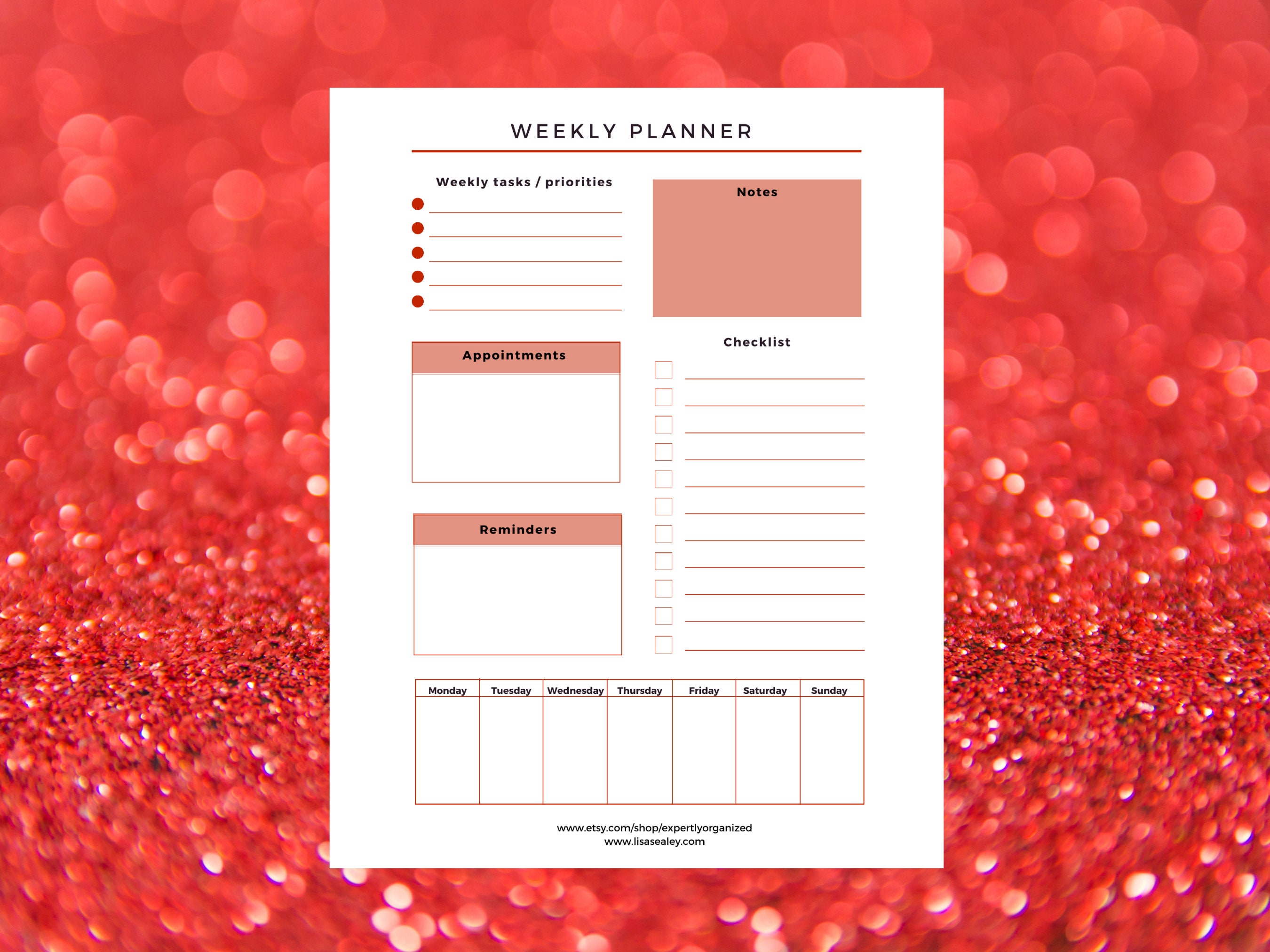 Weekly Planner | Printable | Red | 8.5 X 11" | Instant PDF Download - Etsy