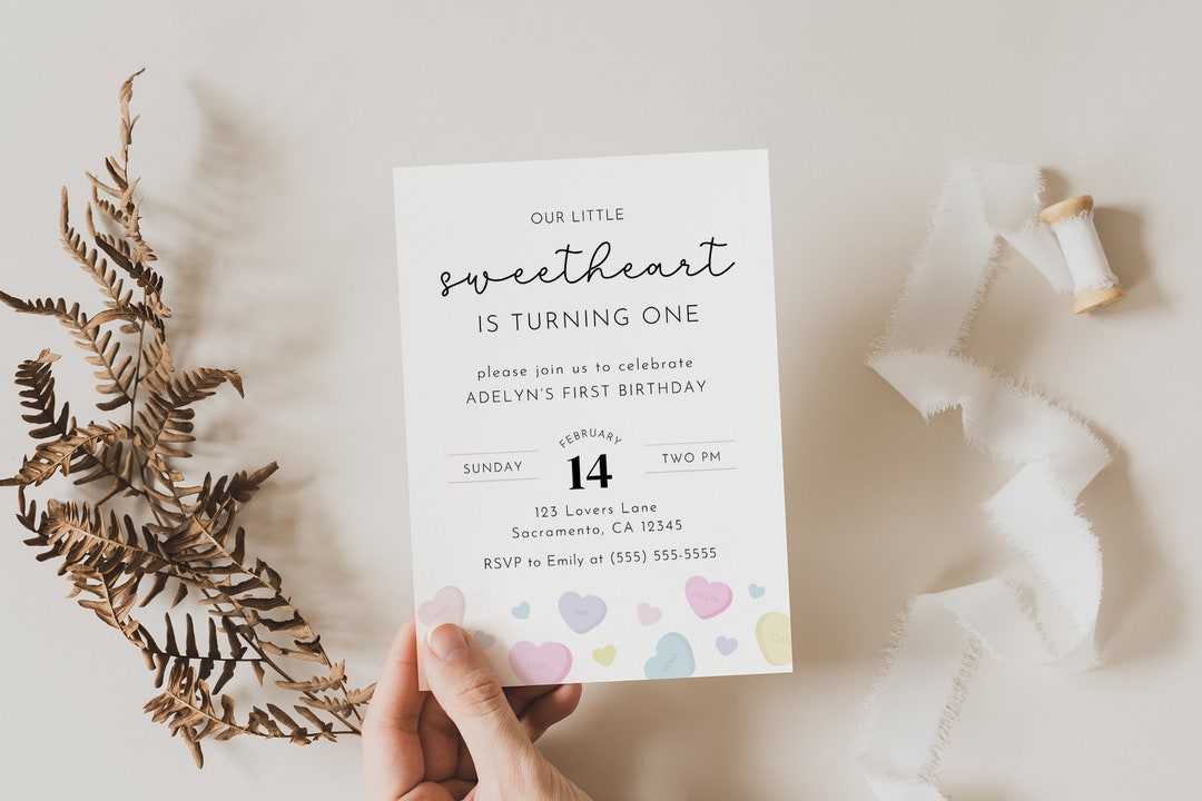 Candy Hearts First Birthday Invitation Template, Sweetheart Birthday ...