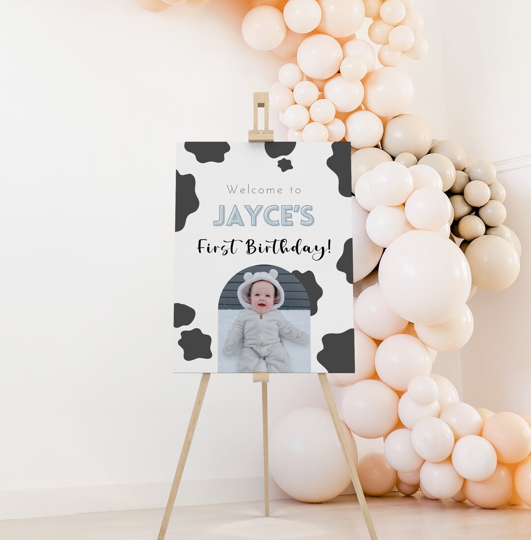 Holy Cow I'm One Welcome Sign, Modern Cow Print First Birthday Welcome ...