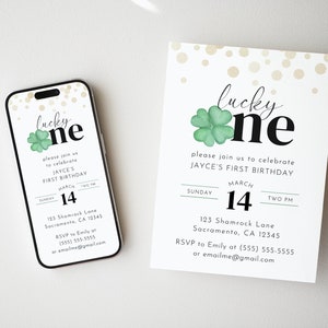 Editable Lucky One Birthday Invitation, Shamrock Birthday Invite, St ...