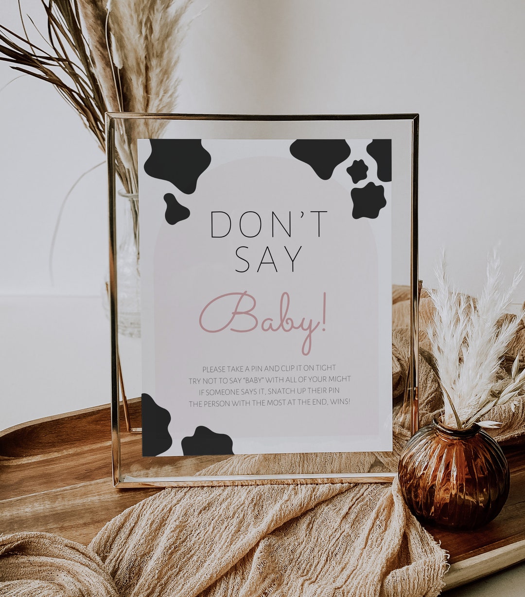 Don't Say Baby Clothespin Game, Rustic Baby Shower Sign, Cow Print ...
