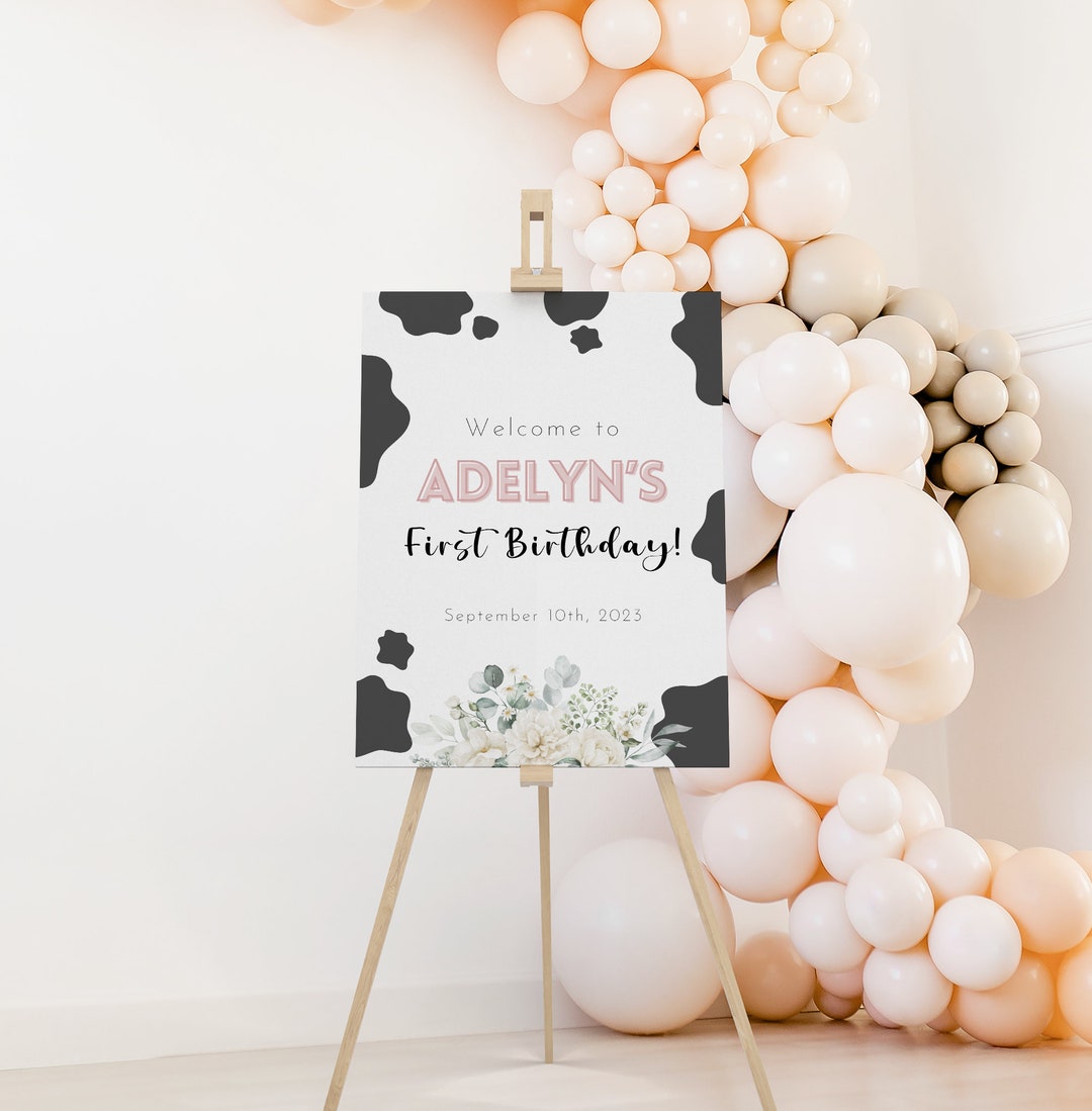 Holy Cow I'm One Welcome Sign, Modern Cow Print First Birthday Welcome ...