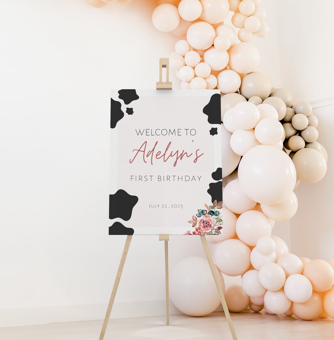Holy Cow I'm One Welcome Sign, Modern Cow Print First Birthday Welcome ...