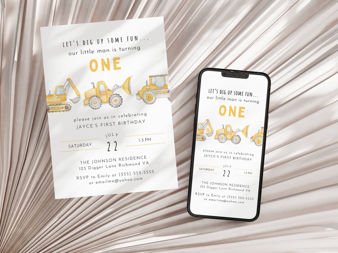 Construction First Birthday Invitation, Let's Dig up Some Fun Invite ...