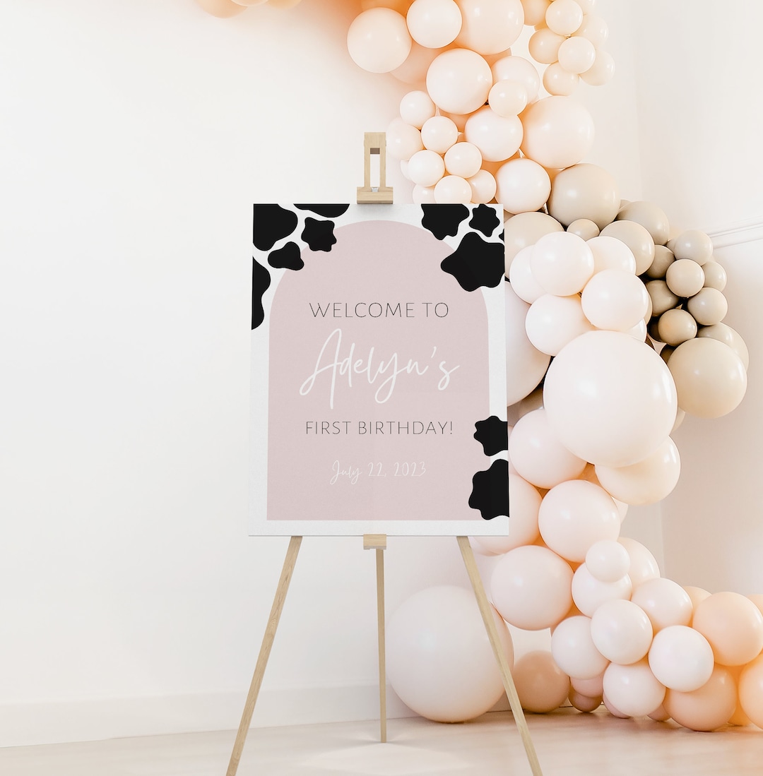 Holy Cow I'm One Welcome Sign, Modern Cow Print First Birthday Welcome ...