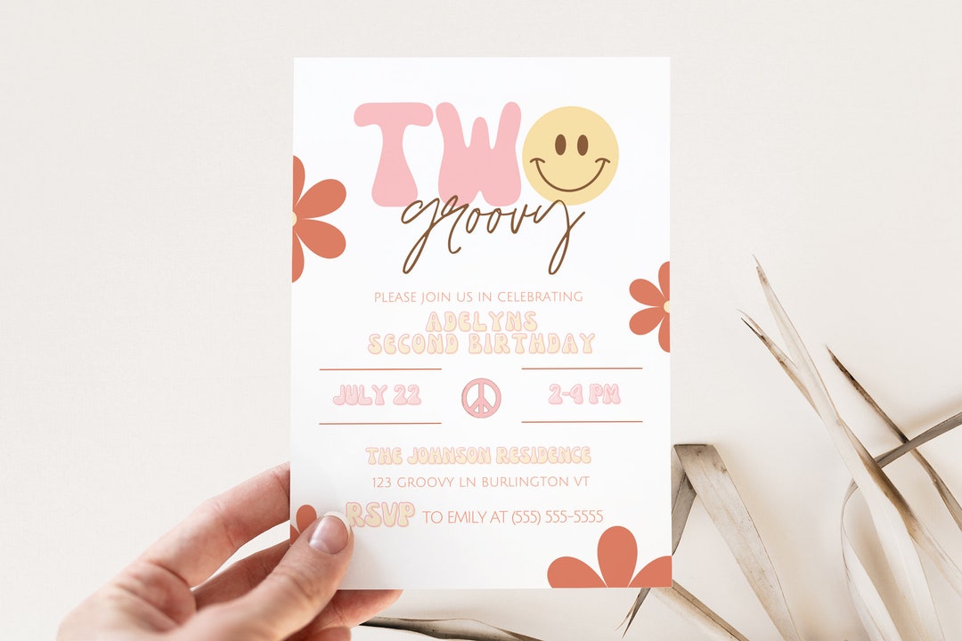 Editable Two Groovy Invitation, Groovy 2nd Birthday Invite, Pink Daisy ...