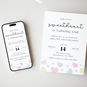 Candy Hearts First Birthday Invitation Template, Sweetheart Birthday ...