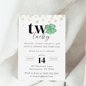 Editable Two Lucky Birthday Invitation, Shamrock Birthday Invite, St ...