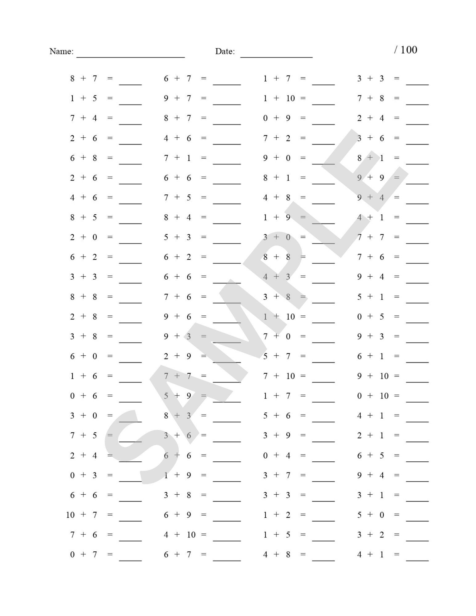 10 Math Practice Worksheets: 100 Addition Questions, Numbers 0 to 10 ...