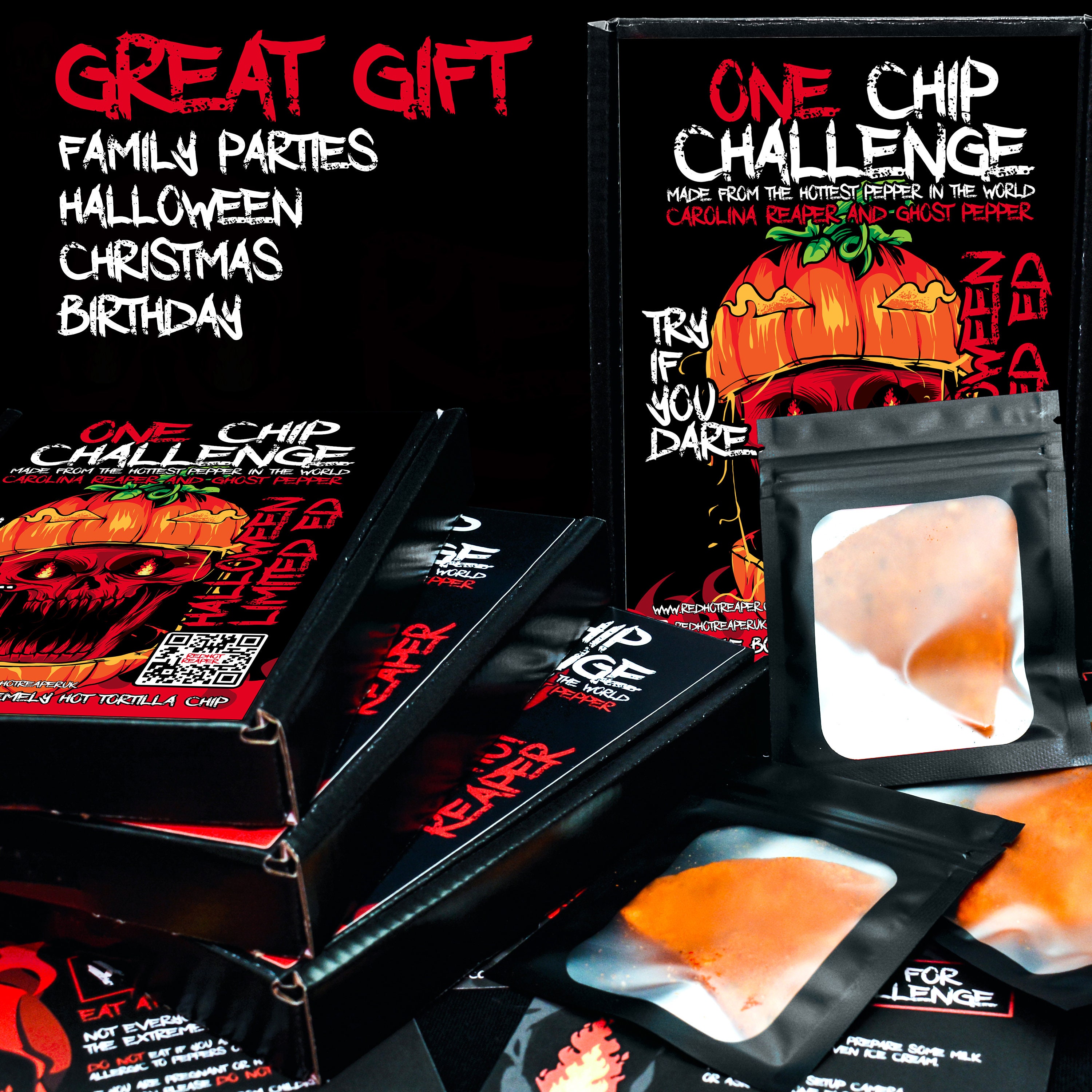 4X ONE CHIP CHALLENGE Halloween World's Hottest Tortilla Chilli Chip ...
