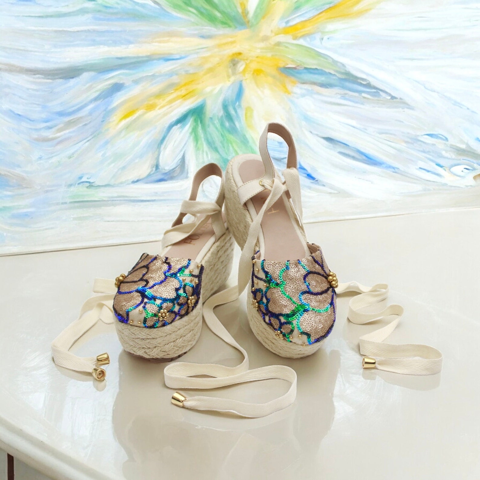 Beige Platform Espadrilles Stylish Wedge Sandals 8cm 3,14 in Heel Wedge ...