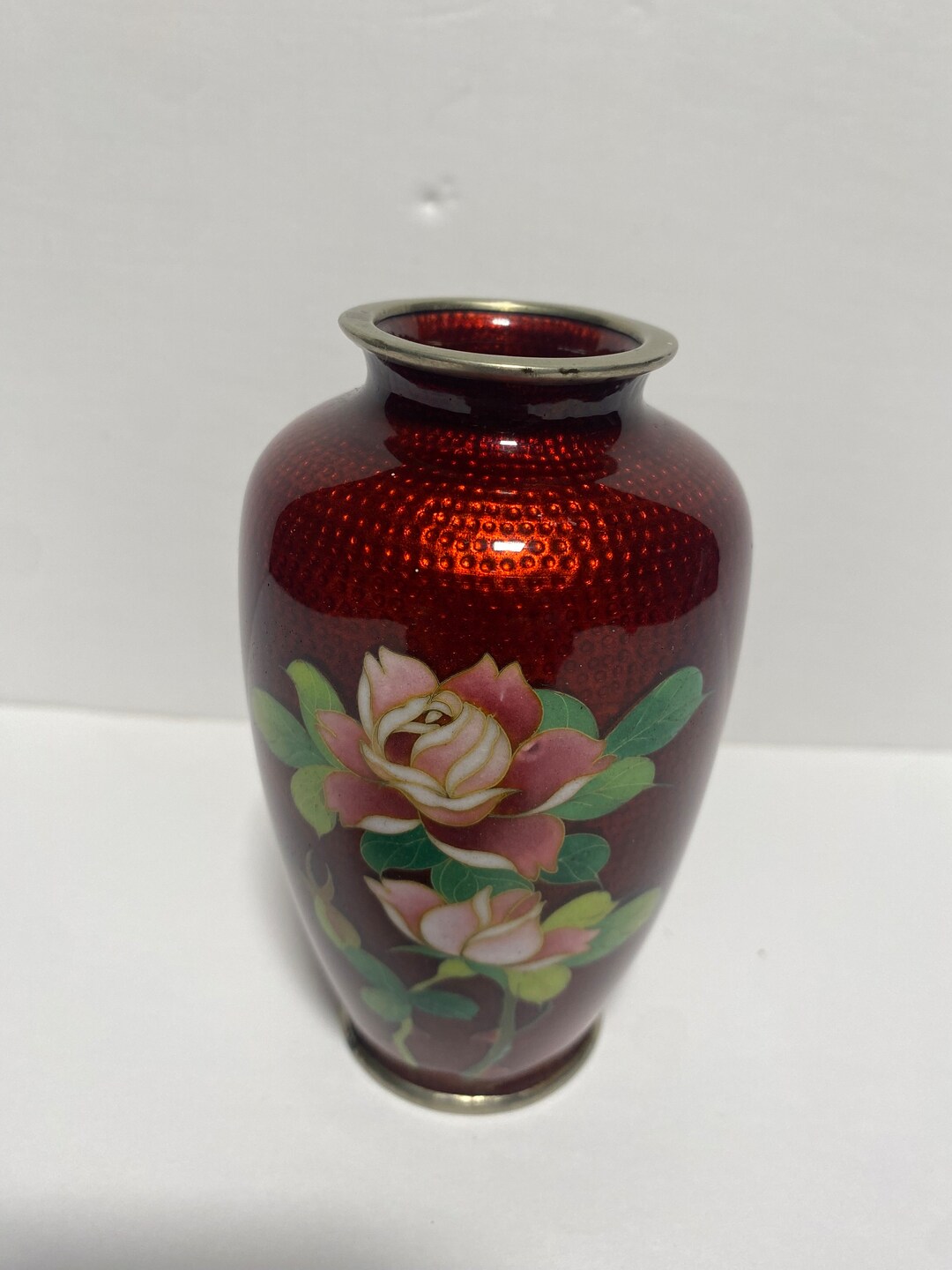 Japanese Small Cloisonne Pigeon Blood Red Ginbari Red Foil Rose Floral ...