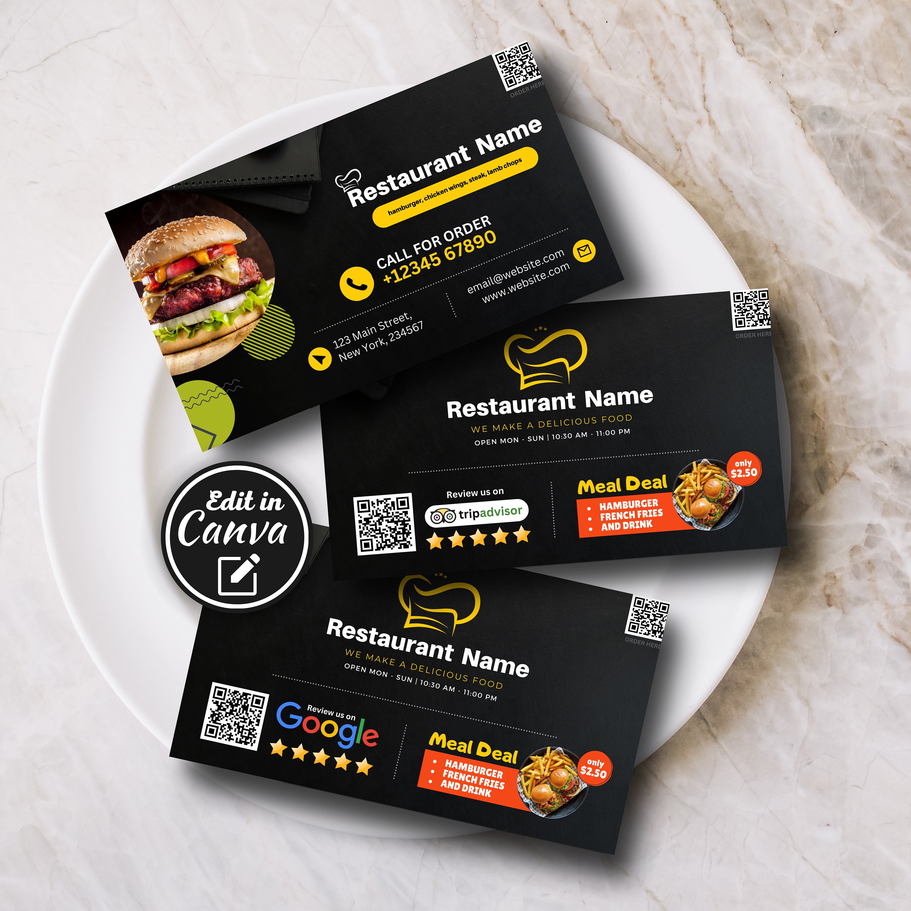2x Restaurant Business Card Template, Google & Tripadvisor Review QR ...
