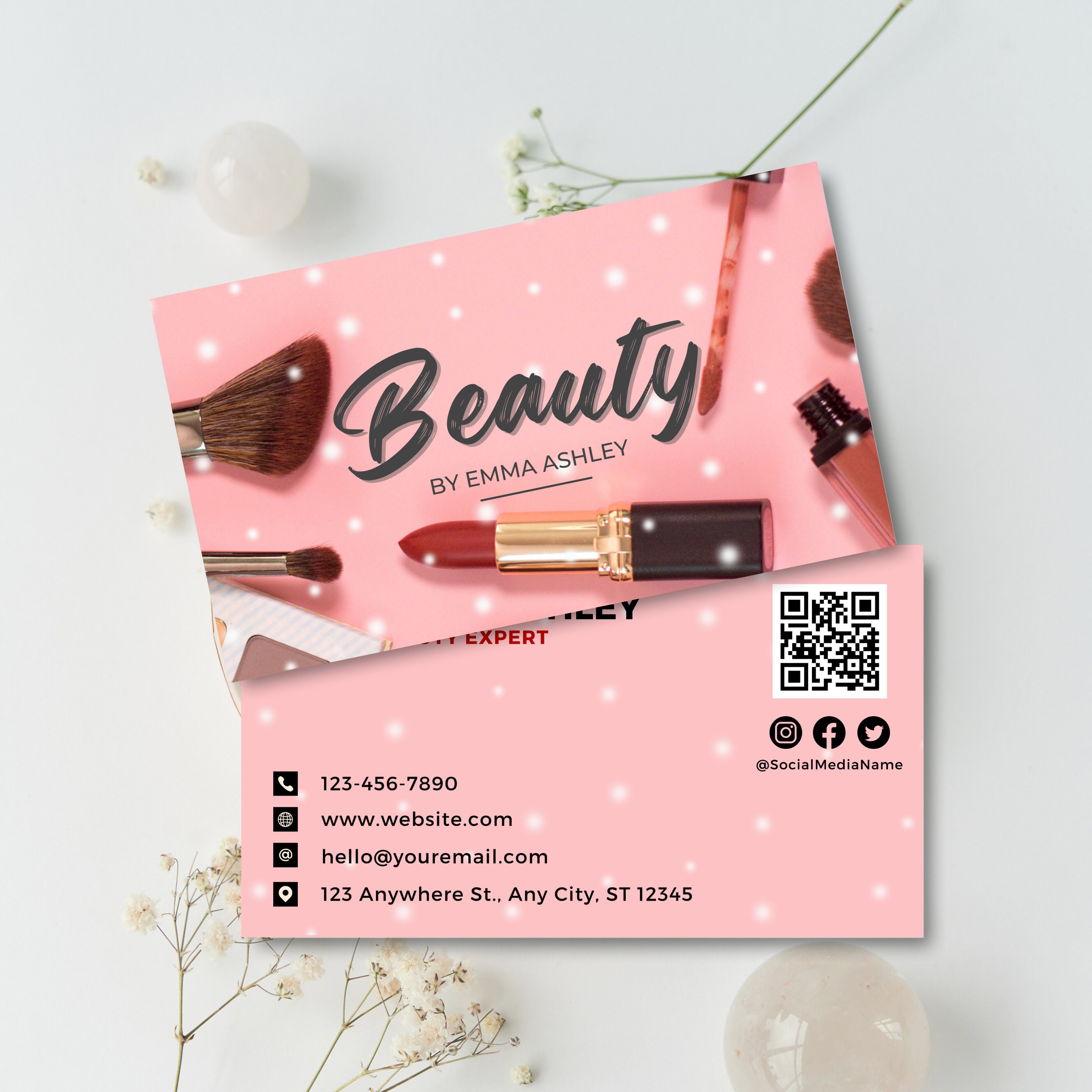 Beauty Digital Business Card Template, DIY QR Code Modern Printable ...
