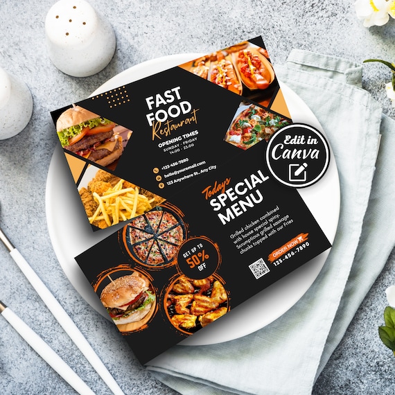 Restaurant Business Card Template QR Code Modern Printable Card Food Service Marketing DIY Editable Small Business Calling Card Canva Etsy