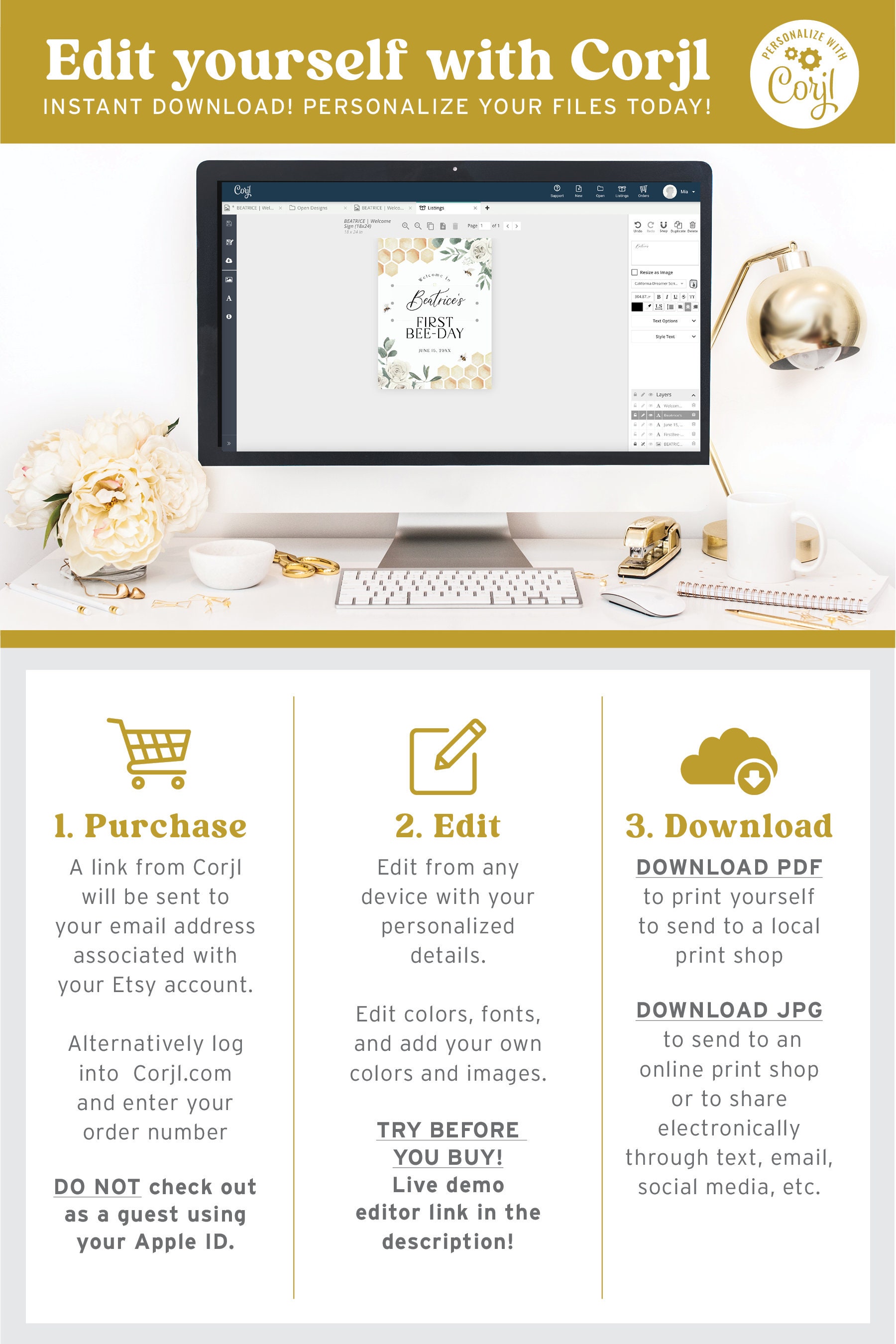 BEATRICE First Bee Day Welcome Sign, Honeycomb Honey Greenery Floral ...