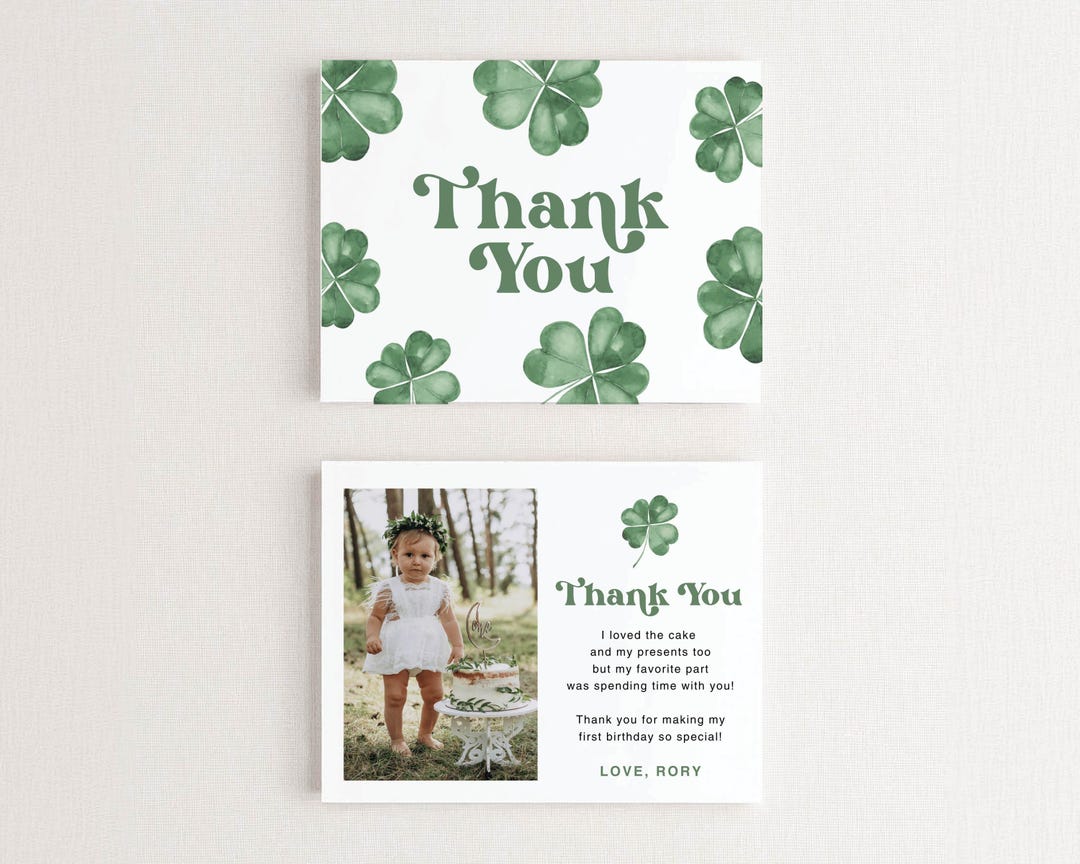 Shamrocks Thank You Card, Editable Canva Photo Template, 1st Birthday ...