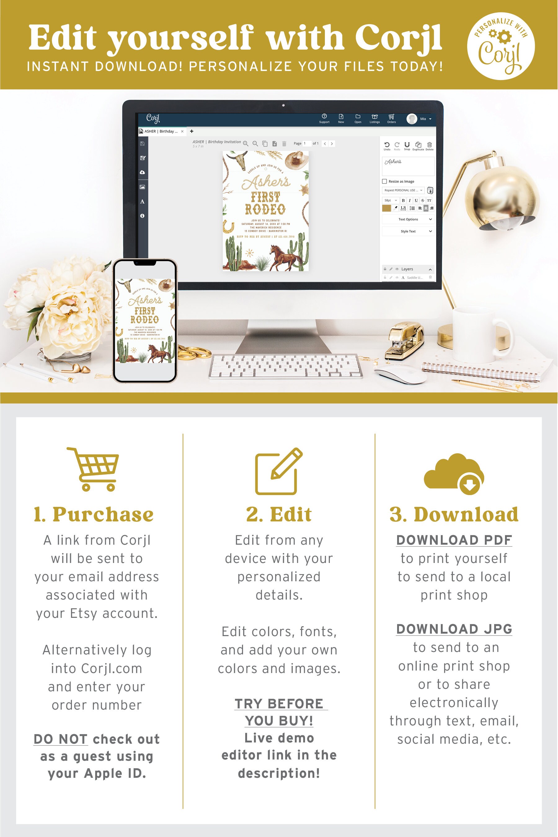 ASHER Western First Rodeo ONE 1st 2nd Birthday Party Invitation Neutral ...