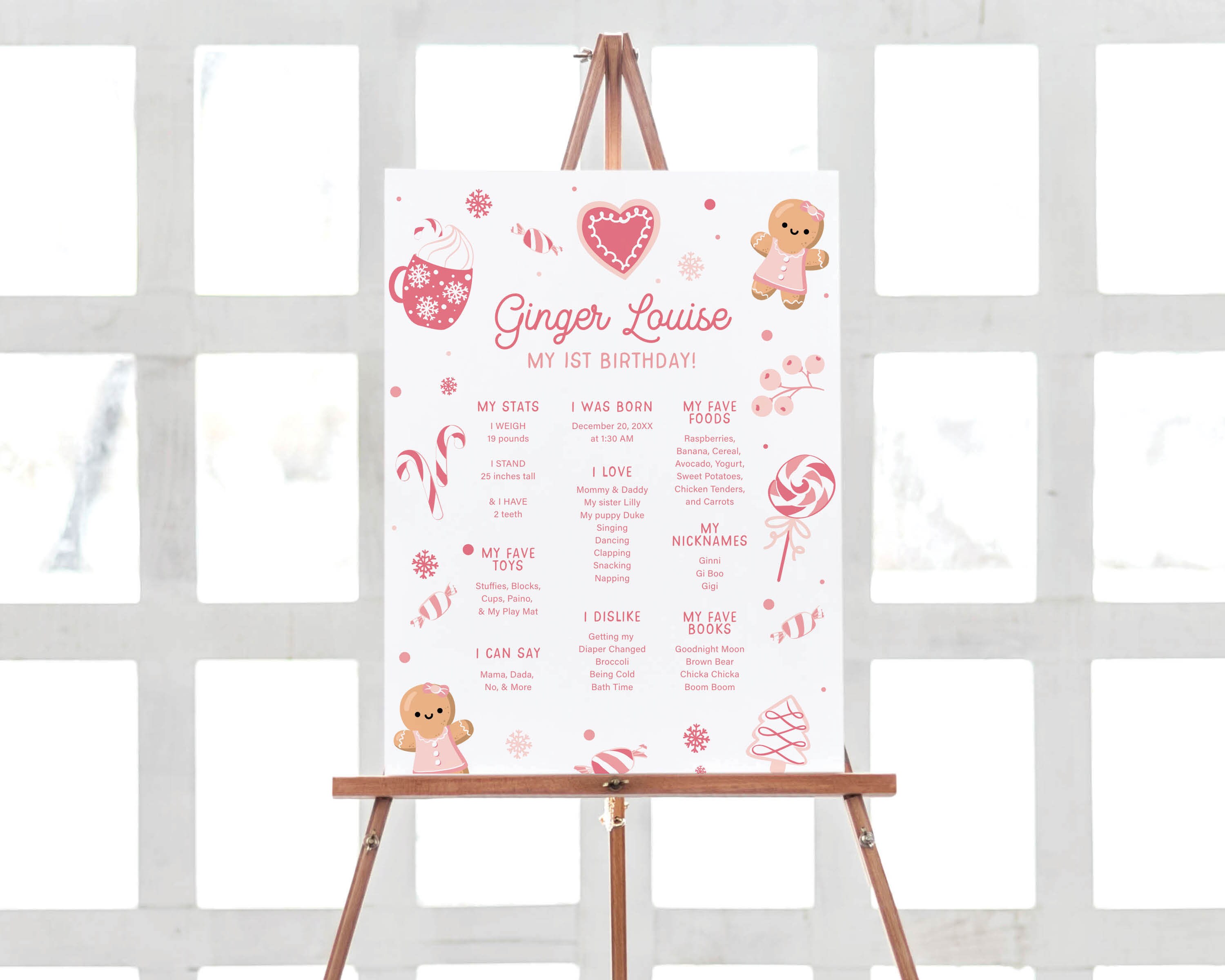 GINGER | First 1st Birthday Milestone Stats Board Sign, Winter Pink ...