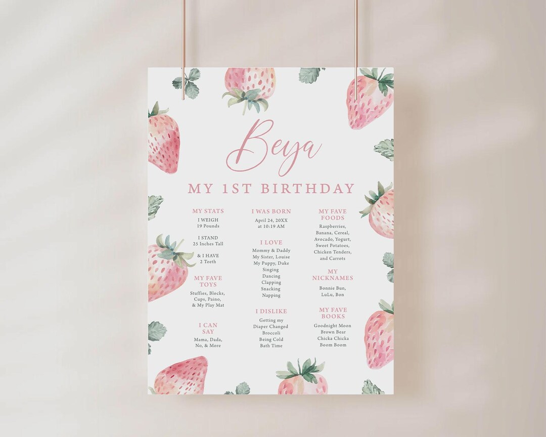 BEYA | First 1st Birthday Milestone Stats Board Berry Sweet Strawberry ...