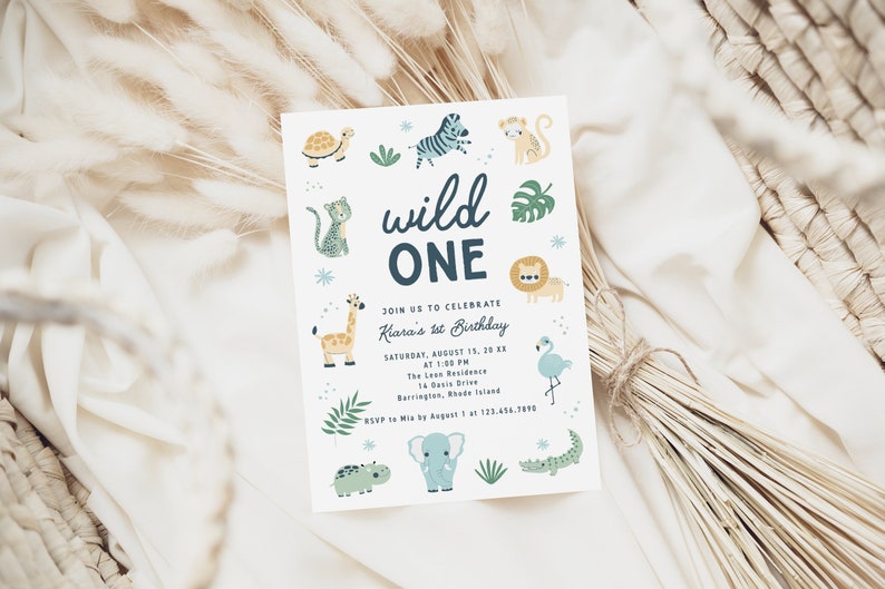 KIARA Wild ONE 1st Birthday Party Invitation Blue Jungle Zoo Safari ...