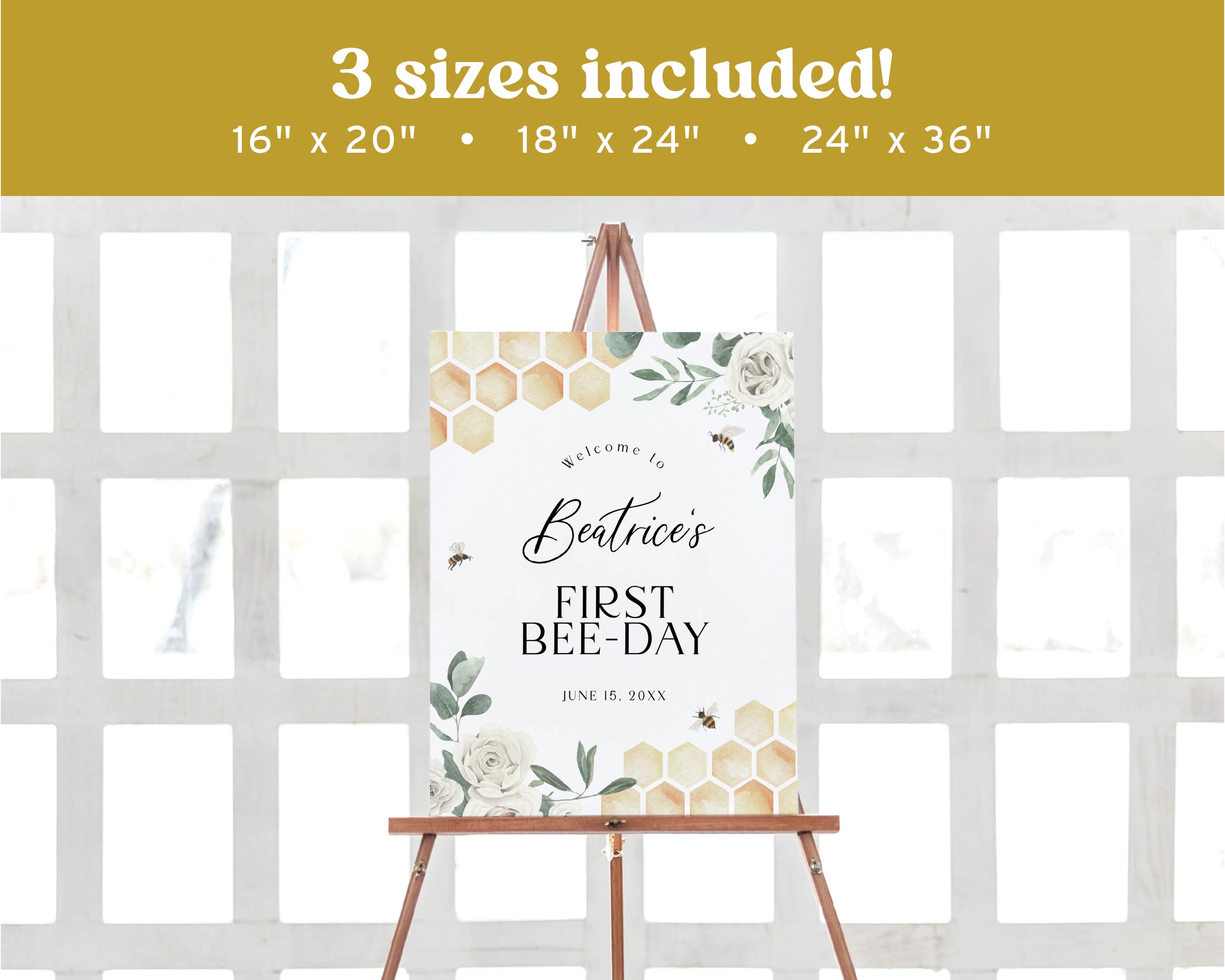 BEATRICE First Bee Day Welcome Sign, Honeycomb Honey Greenery Floral ...