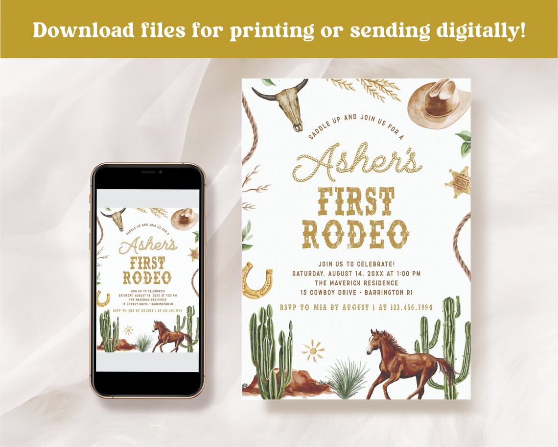ASHER Western First Rodeo ONE 1st 2nd Birthday Party Invitation Neutral ...