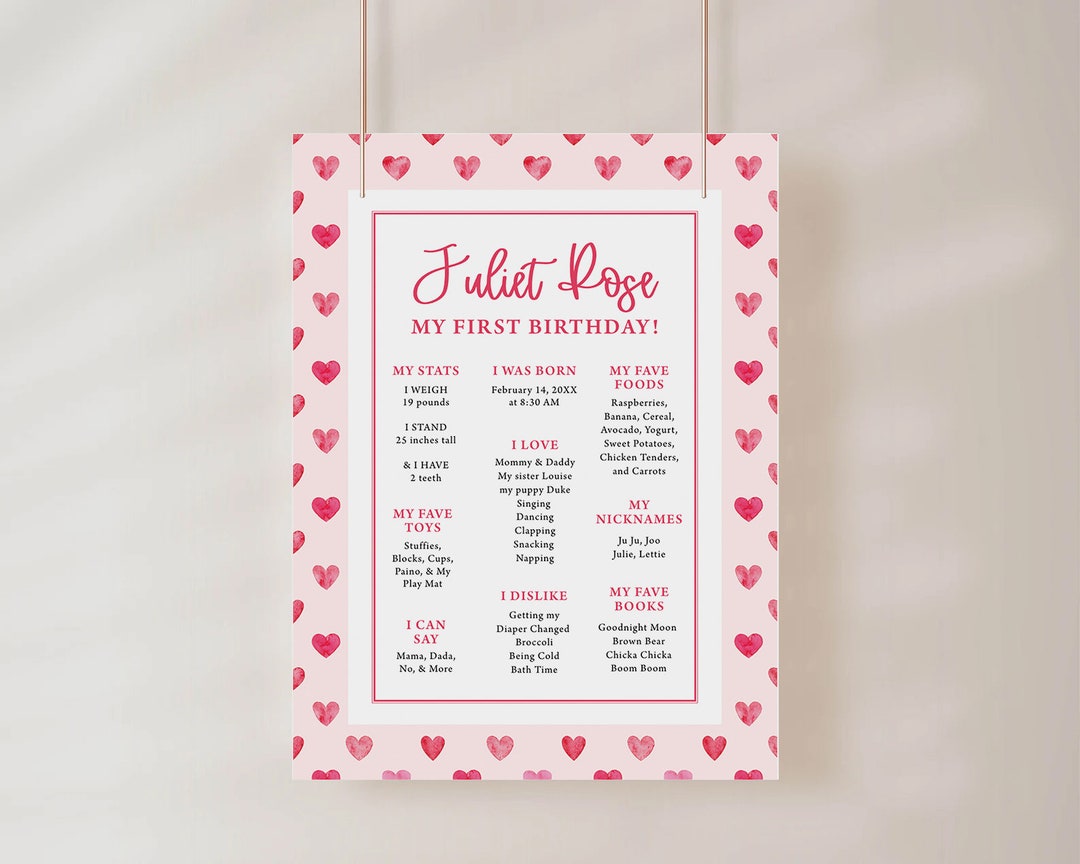 JULIET | First 1st Birthday Milestone Stats Board Sign, Pink Hearts ...
