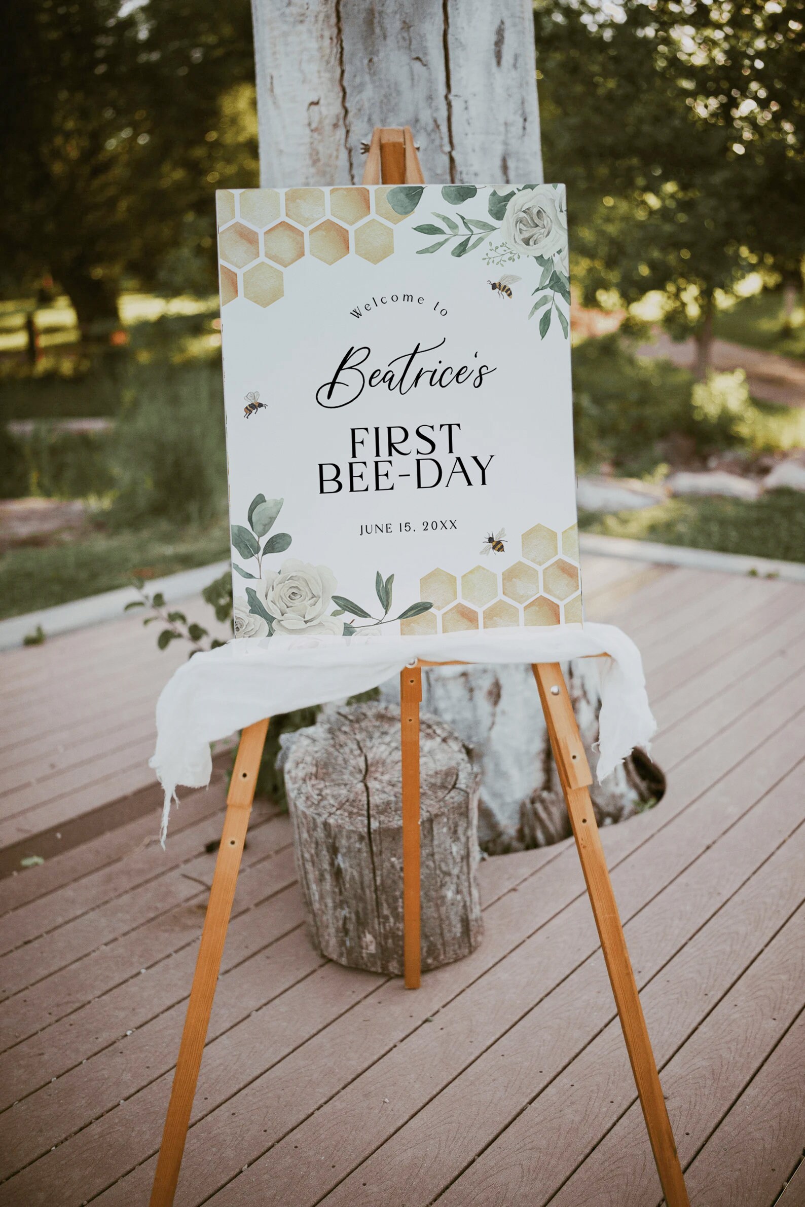 BEATRICE | First Bee Day Welcome Sign, Honeycomb Honey Greenery Floral ...