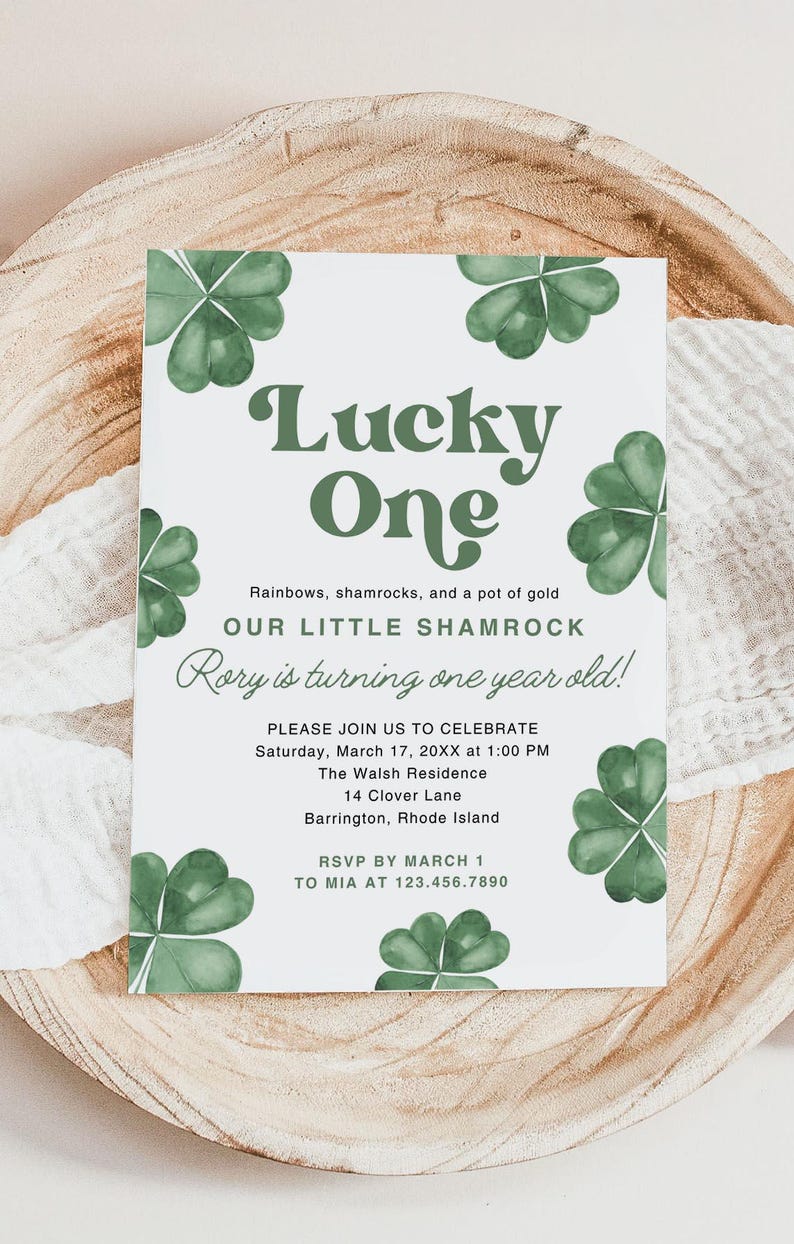 Lucky ONE 1st Birthday Invitation, Editable Canva Template, Shamrocks ...