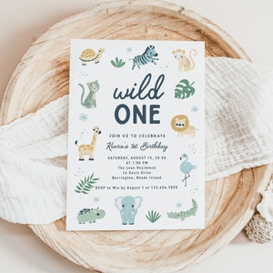KIARA | Wild ONE 1st Birthday Party Invitation Blue Jungle Zoo Safari ...