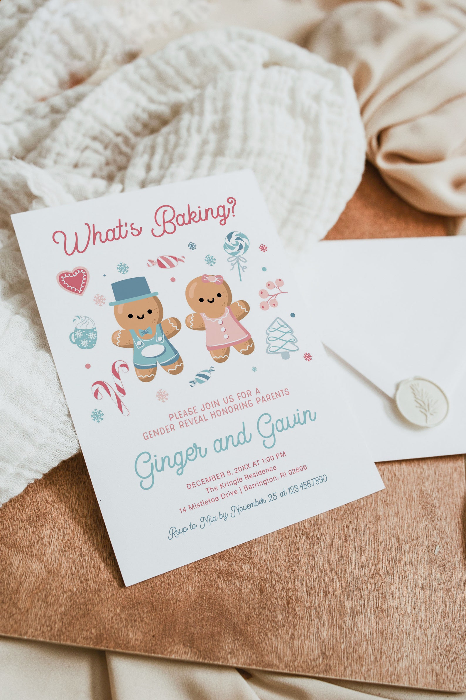 GINGER | What's Baking? Blue Pink Gingerbread Gender Reveal Invitation ...