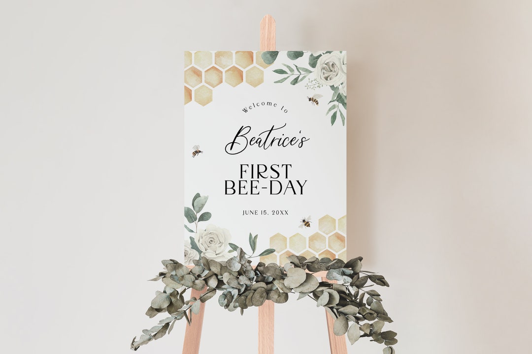 BEATRICE | First Bee Day Welcome Sign, Honeycomb Honey Greenery Floral ...